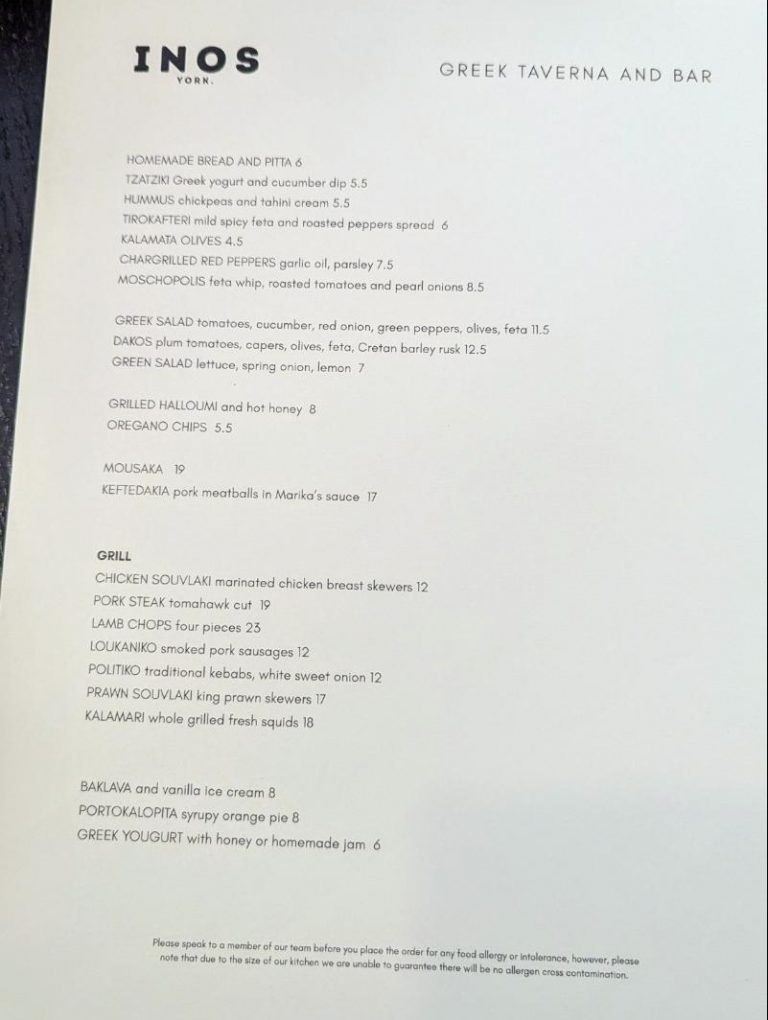 INOS Greek Taverna and Bar in York - Review ⋆ Best Things To Do In York