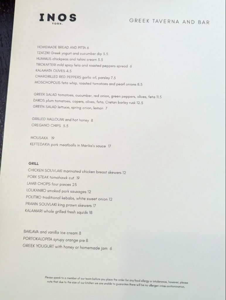 INOS Greek Taverna and Bar in York - Review ⋆ Best Things To Do In York